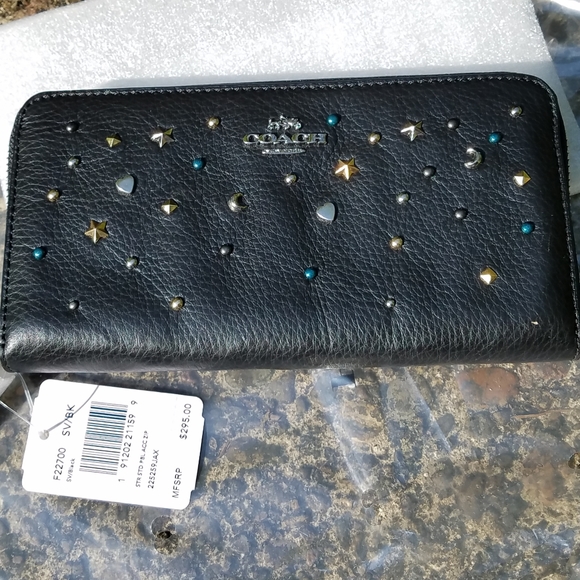 Coach | Bags | Coach Star Studded Black Pebble Leather Wallet Nwt ...